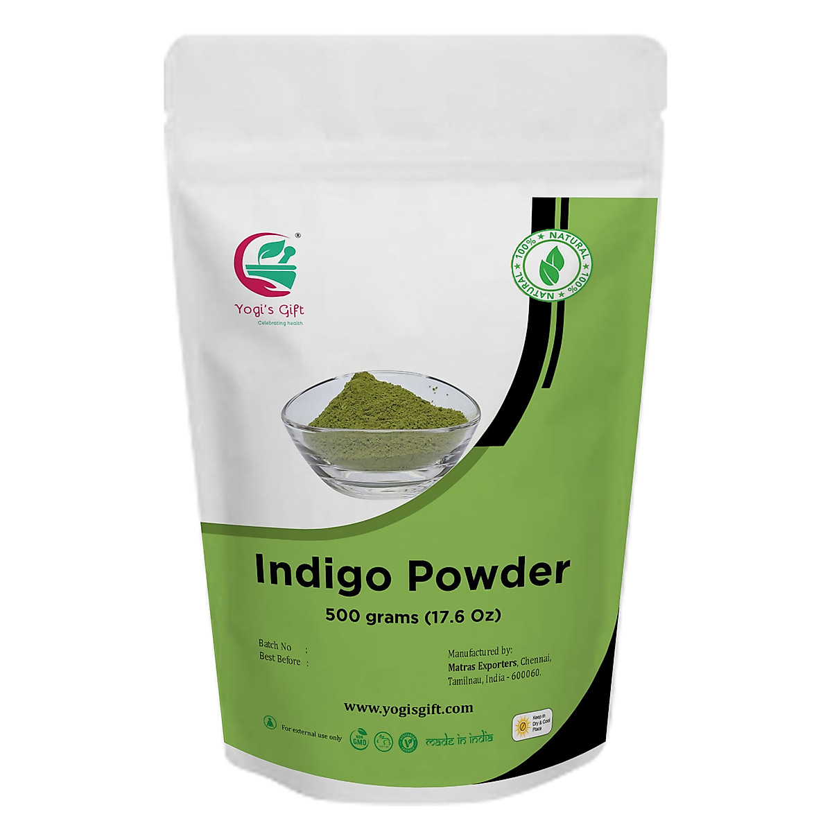 500 GRAMS | 100% Pure INDIGO POWDER for Hair (1.2LB /17.6 oz) | Ideal for Black and Dark Hair | Indigofera Tinctoria | Black Henna | Natural Hair color | Yogi's Gift