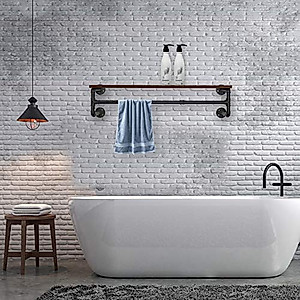 Crehomfy Industrial Pipe Clothes Rack with Top Shelf and 3 Hooks, 41''L Wall Mounted Garment Rack, Heavy Duty Iron Garment Bar, Clothes Hanging Rod Bar, 4 Base Max Load 135Lb Black