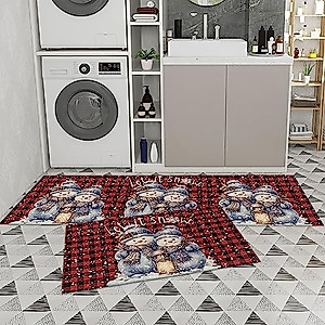 Christmas 2Pcs Kitchen Rugs, Anti Fatigue Kitchen Mat Non Slip Rug Runner Comfort Standing Floor Mats Kitchen Carpet Set for Sink, Laundry - Christmas Cartoon Snowman Red Black Plaid