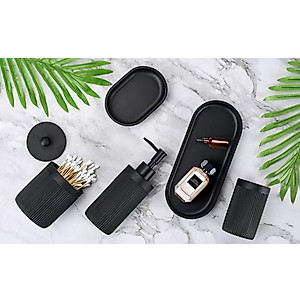 Bathroom Accessory Set,5 PCS Black Bathroom Accessories Set Complete with Lotion Soap Dispenser,Toothbrush Holder,Qtip Holder,Vanity Tray and Soap Dish,Bathroom Decor Countertop Organizer,Matte Black