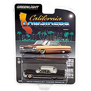 Greenlight Collectible 1973 Coupe DeVille Lowrider Black with Cream Top and Gold Wheels California Lowriders Release 1 1/64 Diecast Model Car 63010E 0