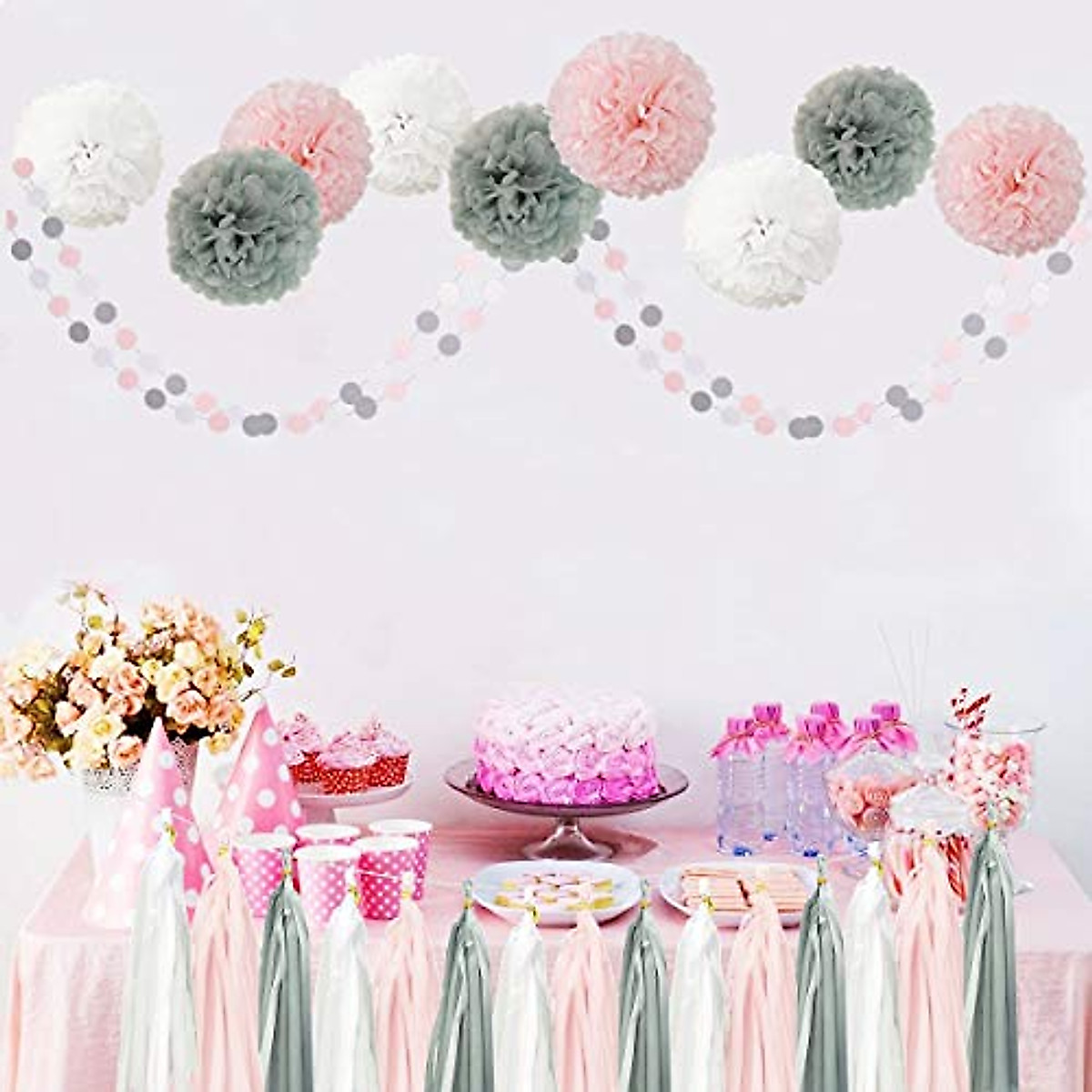 InBy 26pcs Pink Grey Party Decorations Baby Shower Decoration for Girl 12" 10" 8" Tissue Paper Flower Pom Poms Tassel Garland for Wedding Birthday Bachelorette Bridal Baby Girl Shower Party Decoration
