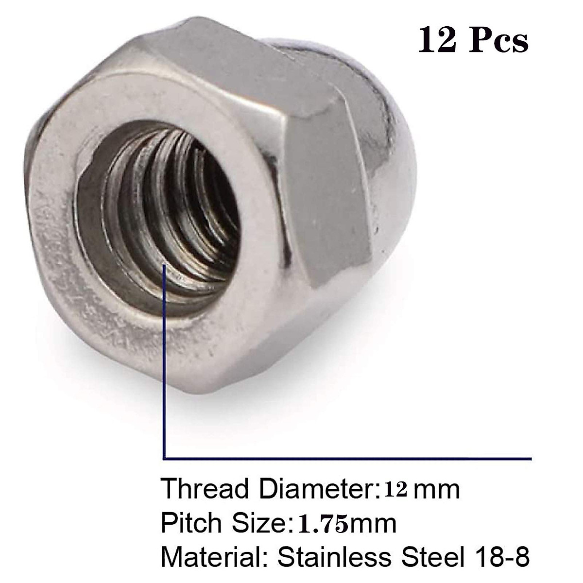 M12-1.75 Metric Acorn Cap Nuts Dome Head Nuts, 304 Stainless Steel 18-8, Plain Finish,Hex Acorn Cap,Nuts Decorative Nut Caps (12 Pcs)