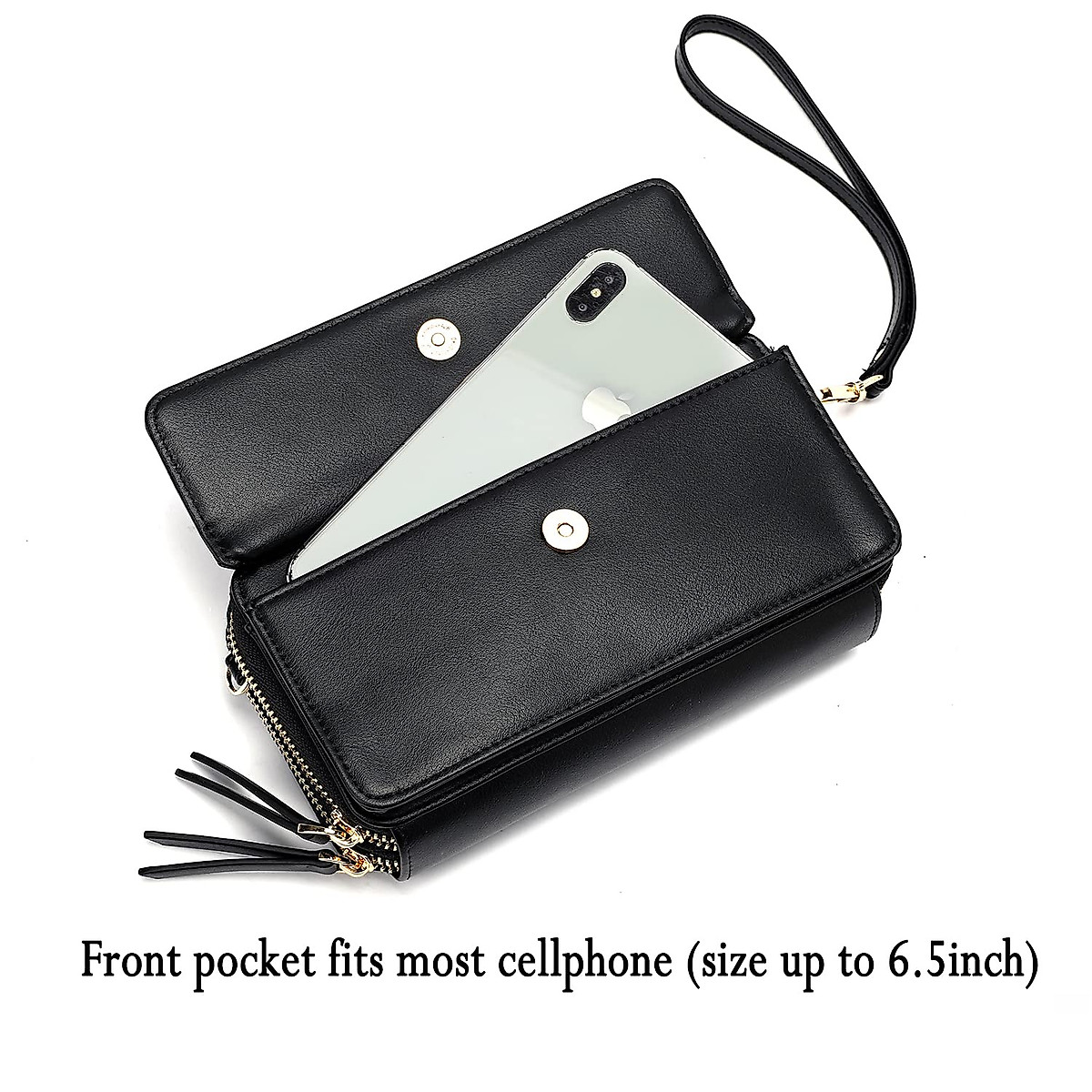Women Crossbody Wallet RFID Blocking Cell Phone wristlet Purse with shoulder strap Ladies small cross body bag (Black)