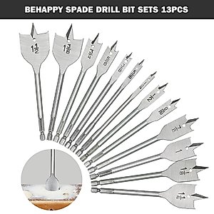 BeHappy 13 Piece Spade Drill Bit Set, Wood Drill Bit Set, Paddle Flat Bit Sets for Woodworking, Carbon Steel Paddle Flat Bit with Quick Change Shank, Nylon Storage Pouch Included, 1/4" to 1-1/2"