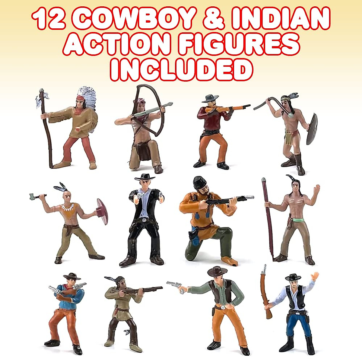 ArtCreativity Cowboy & Indian Action Figures Set of 12 - Realistic Details, Free-Standing, Party Decor & Favors for Kids