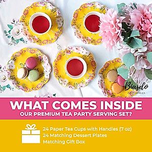 FLOWER SIPPERS (24 Pack) 7oz Paper Tea Cups Party Decorations, 24 Disposable Drink Cups w/Handles, Matching Dessert Saucer Plates, Tea Party Supplies, Birthday Party Favors, Bright Yellow Decor