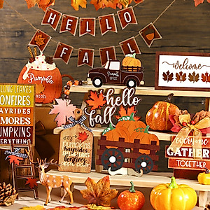 21 Pcs Fall Tiered Tray Decor Set Hello Fall Pumpkin Maple Leaf Wooden Signs Autumn Thanksgiving Decorations Rustic Farmhouse Table Centerpieces for Home Kitchen Decor Harvest Holiday