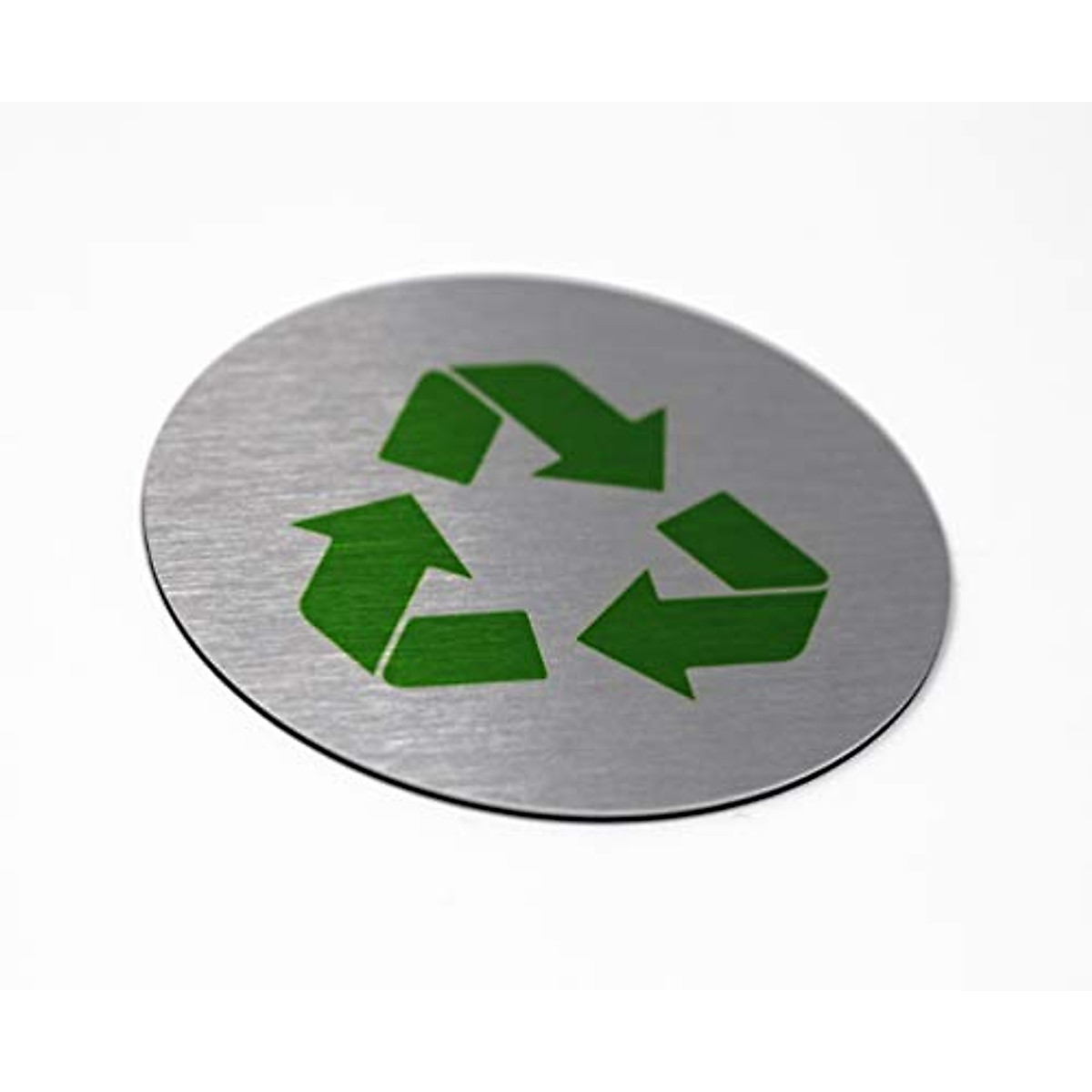 Metal Recycle Signs | Recycle Bin Marker | Metal Sign for Recycling Basket | 3" Round, Brushed Silver Aluminum with Green Recycle Symbol | Made in the USA