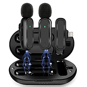 JUSTFX Wireless Lavalier Microphones, 2 Pack, Bluetooth, Noise Reduction, Long Battery Life, 65ft Range, Compatible with iPhone/iPad