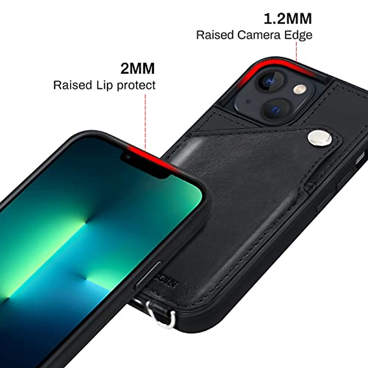 LUCKYCOIN for iPhone 13 Mini Crossbody Case Genuine Leather Card Slot Holders Wallet Protective Case Adjustable Leather Strap Lanyard Compatible with 2021 New Apple iPhone 13 Mini 5.4 inch Black