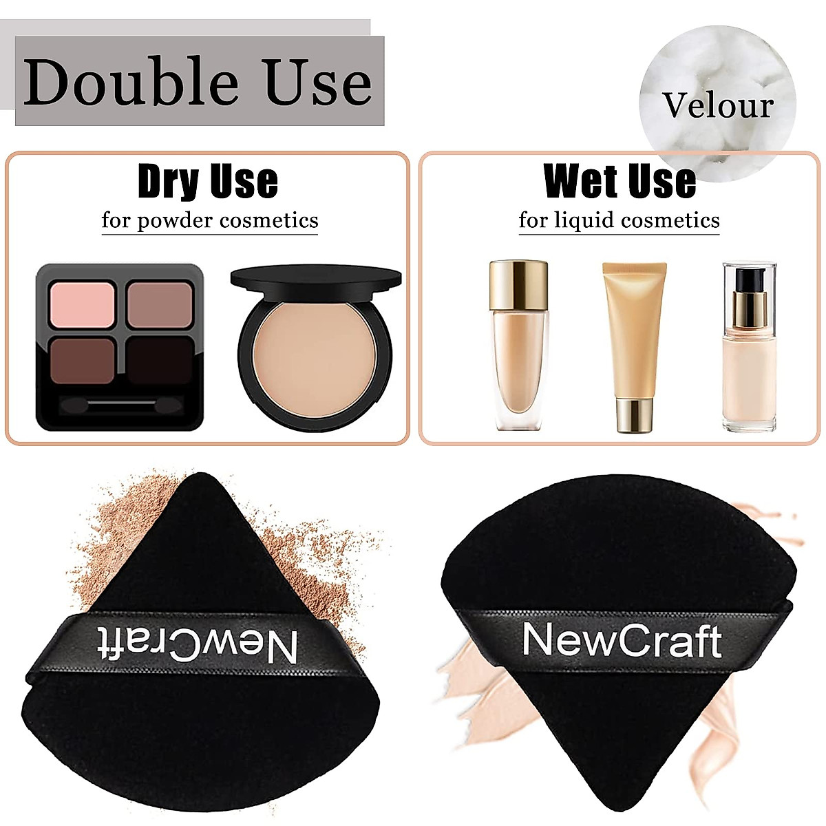 NewCraft 10 Pieces Powder Puffs Set for Face Makeup, Triangle Puff Soft Velour Loose Powder Mineral with Delicate Ribbon, Cosmetic Setting Puff Cute Beauty Make Up Tool