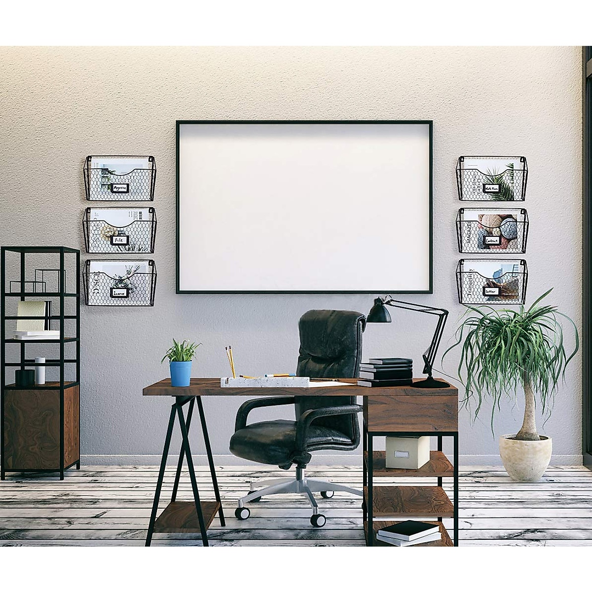 PAG 6 Pockets Hanging File Holder Wall Mount Mail Organizer Metal Chicken Wire Magazine Rack with Tag Slot, Black