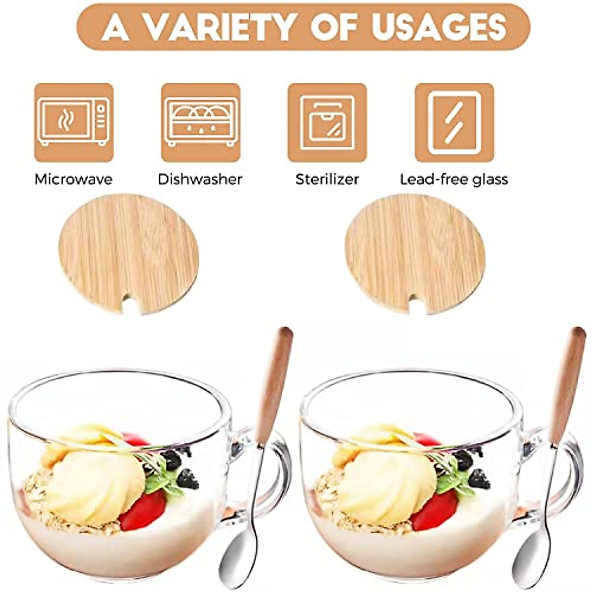 DONYU 2 Pieces Glass Cup 16OZ Clear Coffee Mug with Lids Spoon for Breakfast Tea,Milk,Beverage,Oats,yoghurt