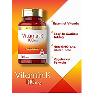 Carlyle Vitamin K 100 mcg | 240 Tablets | Vegetarian, Non-GMO, Gluten Free | Vitamin K Supplement