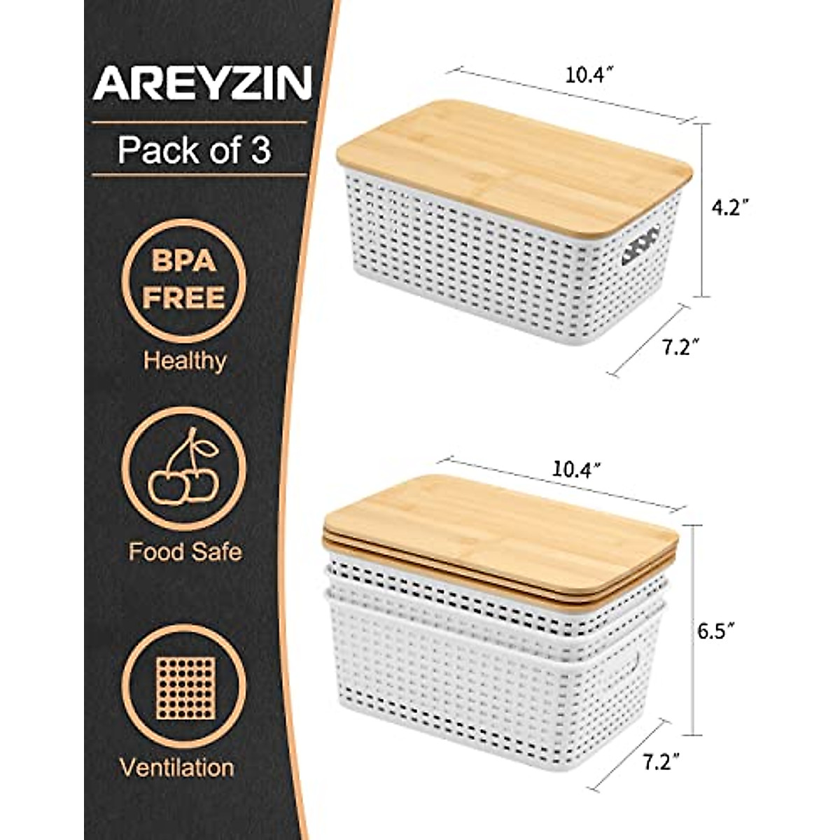 EOENVIVS Plastic Storage Baskets With Bamboo Lid Pantry Organization and Storage Containers Lidded Organizer Bins Small Baskets for Shelves Drawers Desktop Closet Playroom Classroom Office, 3 Pack