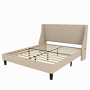 VECELO Queen Bed Frame with Upholstered Wingback Headboard, Heavy-Duty Platform Bedframe with Charging Station & Side Pockets, No Box Spring Needed, Light Beige
