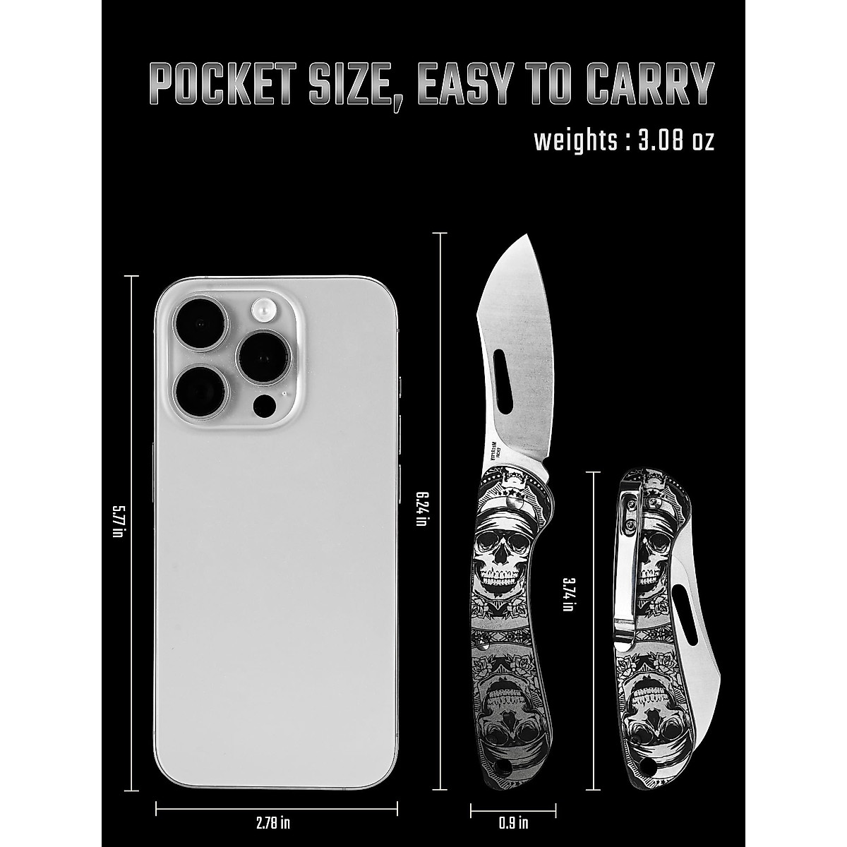 MecArmy EK3R EDC Pocket Folding Knife, Swedish SANDVIK 12C27 Steel Blade Hollowed-out Drop Blade Design, Stainless Steel Handle Pocket Clip, Outdoor Portable Camping Hiking Knife(Skull)