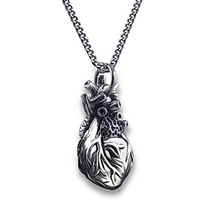 Pearlina Anatomical Heart Necklace Man or Woman 3D Pendant Oxidized Antique-Finish Stainless Steel, 24"