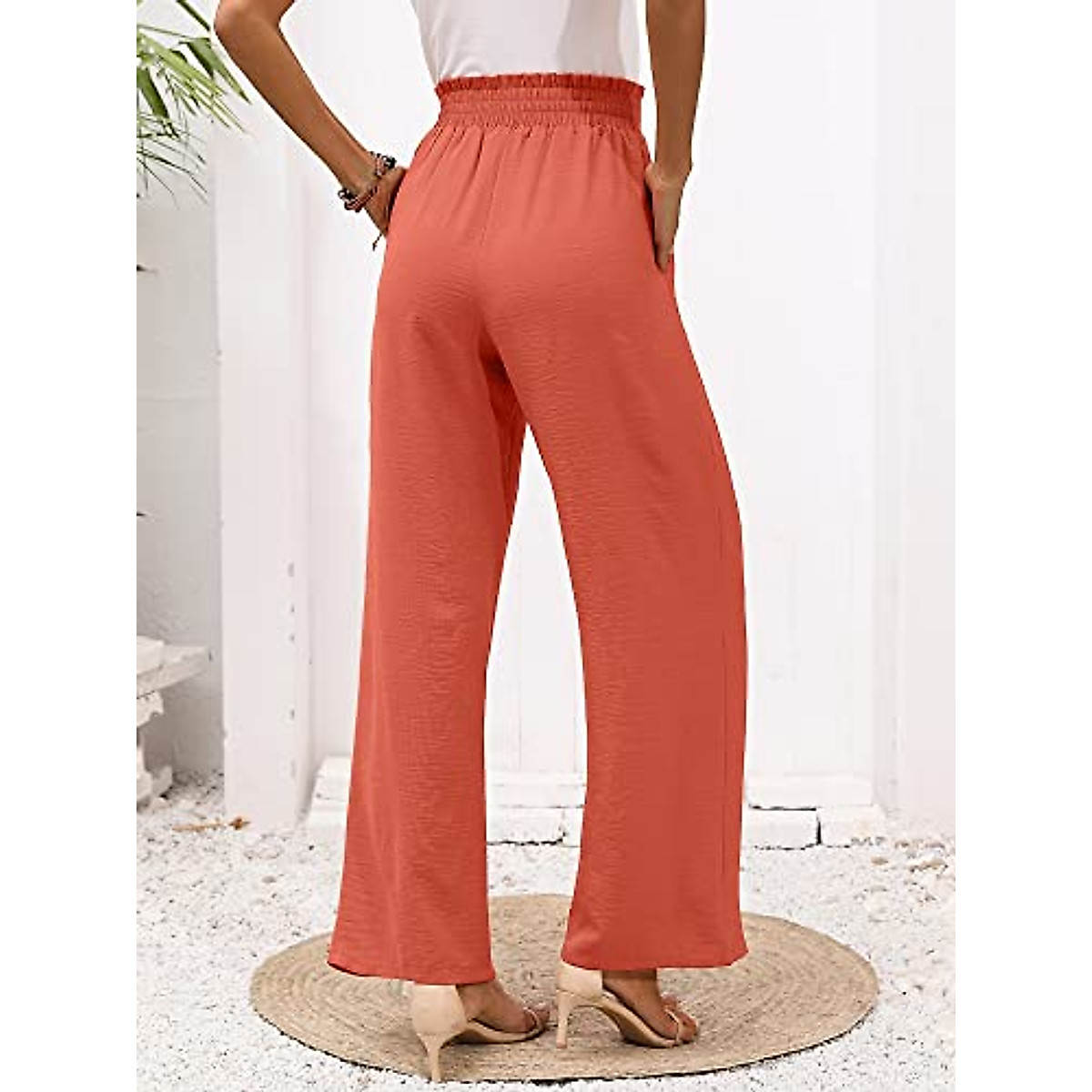 Heymoments Women's Wide Leg Lounge Pants with Pockets Coral Large Lightweight High Waisted Adjustable Tie Knot Loose Comfy Casual Trousers