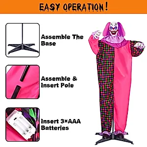 64" Halloween Clown Animatronics with Flashing Red Eyes & Moving Arm, Talking Life-Size Clown Halloween Decorations for Haunted House Outdoor Decorations (Touch and Sound Activated)