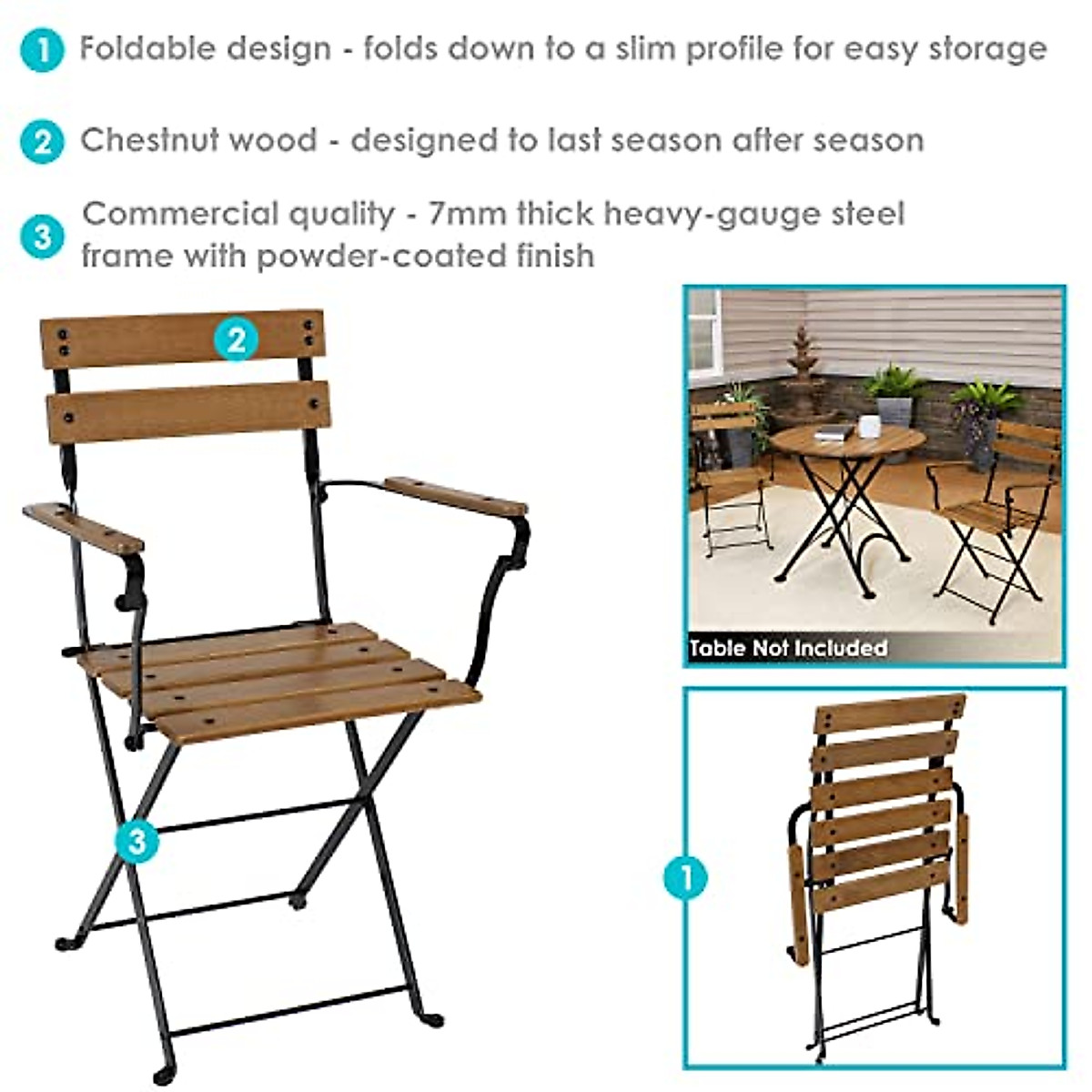 Sunnydaze Basic European Chestnut Wooden Folding Small Bistro Dining Armchair - Portable, Compact Side Chair - for Indoor or Outdoor Use - Patio, Deck, Balcony, Camping and Spare Seating - Set of 2