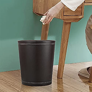 KINGFOM Classic Pu Leather Trash Can Wastebasket, Garbage Container Can for Bathrooms, Powder Rooms, Kitchens, Home, Office and and High Class Hotel Round Brown