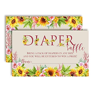 Amanda Creation Watercolor Sunflower & Peony Floral Spring Diaper Raffle Tickets for Baby Showers, 20 2" X 3” Double Sided Inserts, Bring a Pack of Diapers to Win Favors & Priz