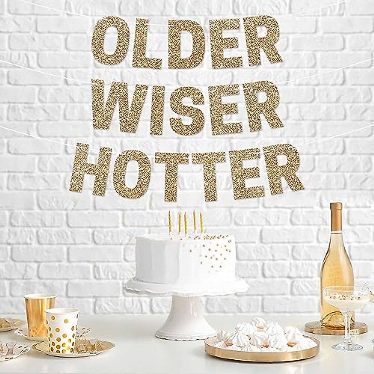 Pre-Strung Older Wiser Hotter Banner - NO DIY - Gold Glitter Happy Birthday Party Banner - Pre-Strung Garland on 8 ft Strands - Gold Birthday Party Decorations & Decor For Men & Women. Did we mention