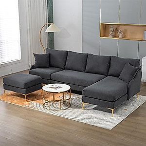 110" W Convertible Sectional Sofa with Reversible Chaise Lounge and Activity Ottoman, Polyester Blend U-Shape Modular Sectional Couch, 4-Seat Sofa Couch for Living Room Apartment Office, Charcoal Grey