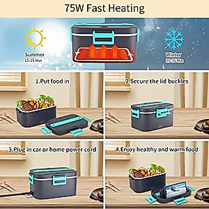 Tlsdosp Electric Lunch Box Food Heater, 75W 1.8L Protable Heated Lunch Box for Adults Work Food Heating, Leak Proof Removable Stainless Steel Container, 12V/24V/110V for Car Truck Home