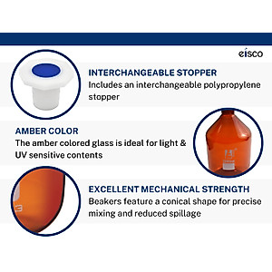 EISCO Labs 125ml Amber Reagent Bottle, Narrow Mouth with Acid Proof Polypropylene stopper, socket size 19/26