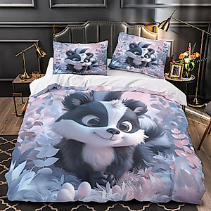 THUBDYEA Skunk Bedding Set 3D PrintedSiberian Sled Dog Quilt Cover Comforter Covers Duvet Cover for Childrens and Adults with Pillowcases Microfiber 3 Pieces with Zipper Closure Queen（228x228cm）
