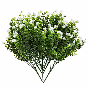 Artificial Outdoor Flowers with Eucalyptus Leaves for Gardens (White, 6 x 13.5 Inches, 8 Bundles)