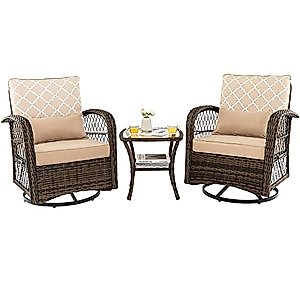 Tangkula 3-Piece Patio Swivel Rocker Set, Wicker Swivel Rocking Chairs w/Tempered Glass Coffee Table, 360° Swiveling & Smooth Rocking, Outdoor Rattan Rocking Set for Backyard, Balcony (Mix Brown)