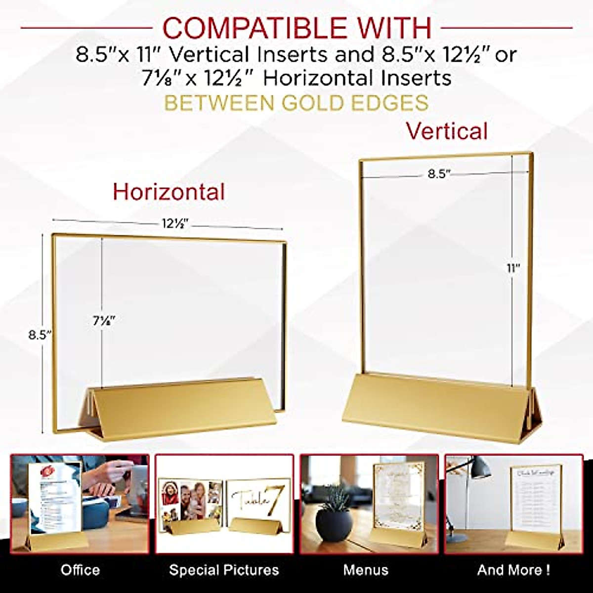 Gold Acrylic Sign Holder 8.5 x 11, Gold Frame, Acrylic Paper Holder Stand, Plastic Display Stands 8.5x11, Double Sided Vertical or Horizontal Menu Holders for Restaurant, Clear Paper Stand Display, Flyer Holder 8.5 x 11, Clear Acrylic Picture Frame, (6 Pa
