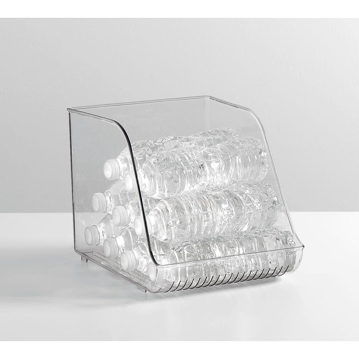 mDesign Tall Plastic Water Bottle Stackable Storage Organization Bin with Open Front for Kitchen Refrigerator, Freezer, Pantry, Holds 12 Bottled Drinks/Beverages, Ligne Collection, Clear