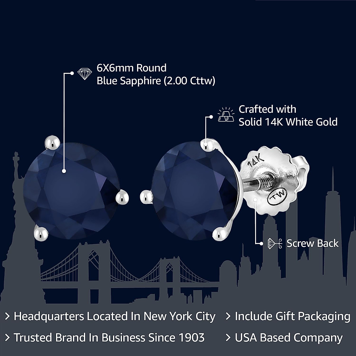 Gem Stone King 14K White Gold Martini Earrings | 3 Prong Screw Back Stud Earrings for Women | Round 6MM | Gemstone Birthstone | White Gold Earrings for Women