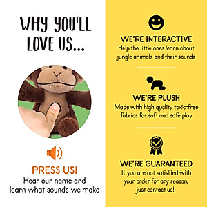 Talking Plush Jungle Animals Set: 4 Soft Safari Toys - Elephant, Monkey, Giraffe, Tiger & Jungle House Carrier