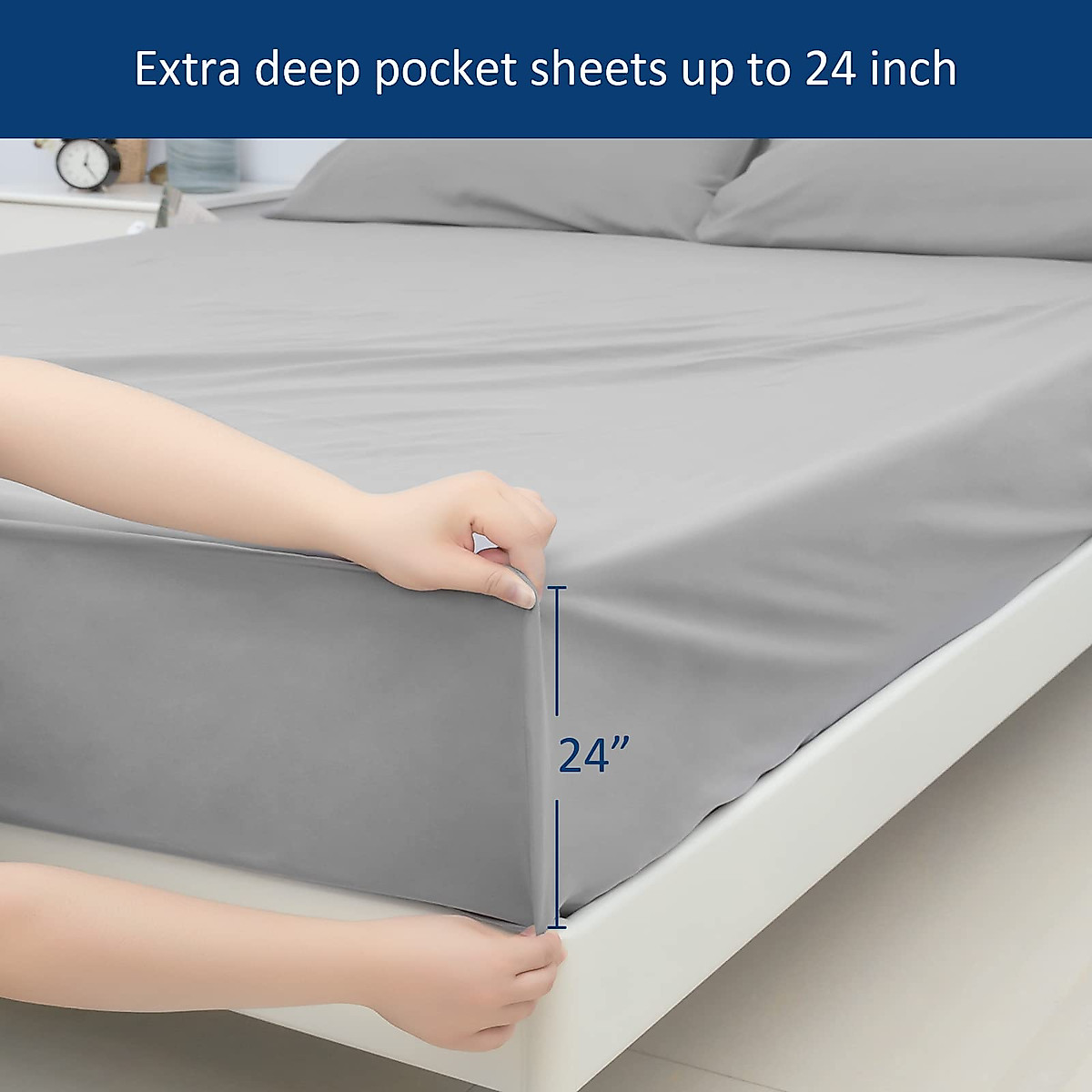 Extra Deep Pocket Full Sheet Set for Air Mattress - Deep Pocket Sheets Full Bed Sheets Set - Sheets with Pockets on Side - Easily Fits Extra Deep 16 in to 24 in Pillow Top Air Mattress (Grey)
