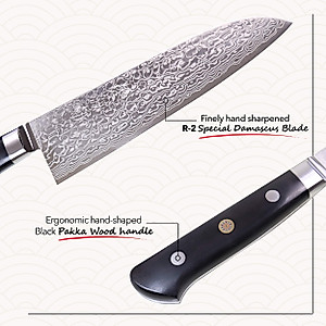 JCK ORIGINAL Kagayaki Japanese Chef’s Knife, KGRP-2 Professional Santoku Knife, Polished Patterned Damascus Stainless Steel with Ergonomic Black Pakka Wood Handle, 6.8 inch