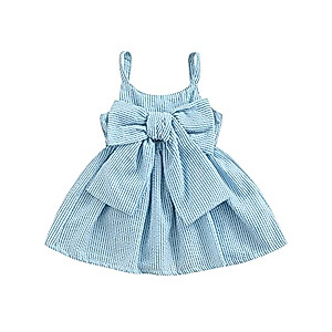 Toddler Baby Girls Sleeveless Dress Front Bowknot Stripe Sling Summer Jumpsuit Princess Casual Romper (Blue, 3-6 Months)