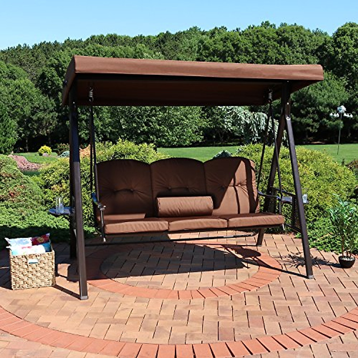 Sunnydaze 3-Person Steel Patio Swing Bench with Adjustable Tilt Canopy - Cushions and Pillow Included - Brown