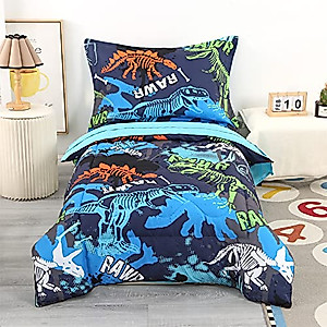 Wowelife Dinosaur Toddler Bedding Sets for Boys and Girls, Premium 4 Piece Dinosaur Skeleton Toddler Bed Set Blue, Super Soft and Comfortable for Toddler