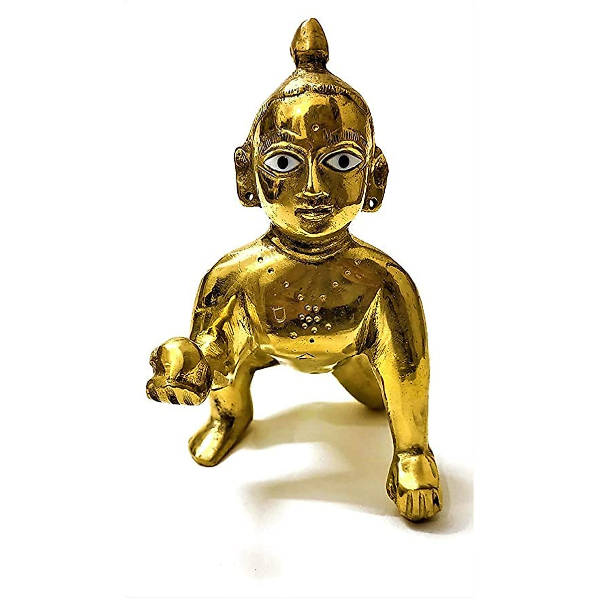 Brass Krishna Laddu Gopal Kanha Makhan Chor Statue Idol Murti Sculpture Ji Idol size no. 3 with Set of Mukut, Mala, Bansuri, Kangan, Hair and ear rings, 1 Dress Velvet(3 No.)