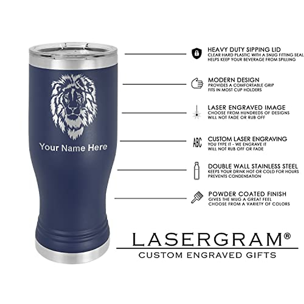 LaserGram 14oz Vacuum Insulated Pilsner Mug, Omega Symbol, Personalized Engraving Included (Navy Blue)