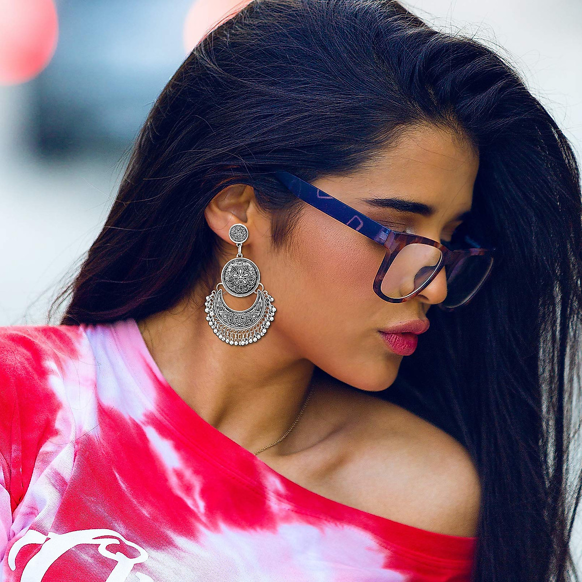 RechicGu Vintage Silver Ethnic Bali Jhumka Jhumki Lotus Mexico Gypsy Dangle Earrings Traditional Ear Studs with Gift Box