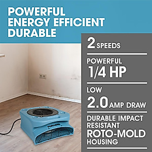PURAERO Low Profile Air Mover Carpet Dryer Blower Floor Fan | 1/4 HP 1,100 CFM | for Crawlspaces, Attics, Basements, Bathrooms| Water Damage Restoration, Grow Rooms | PA-250-LP | Blue