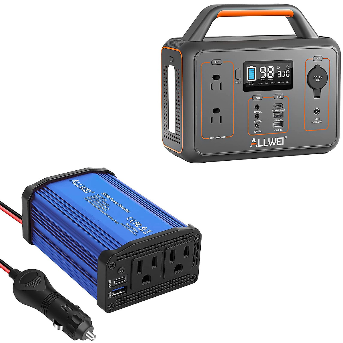 ALLWEI 300W Portable Power Station and 300W Blue Car Power Inverter, 280Wh Backup Lithium Battery, USB-C PD60W, 110V Pure Sine Wave AC Outlet, 78000mAh Solar Power Generator LED Light for Camping