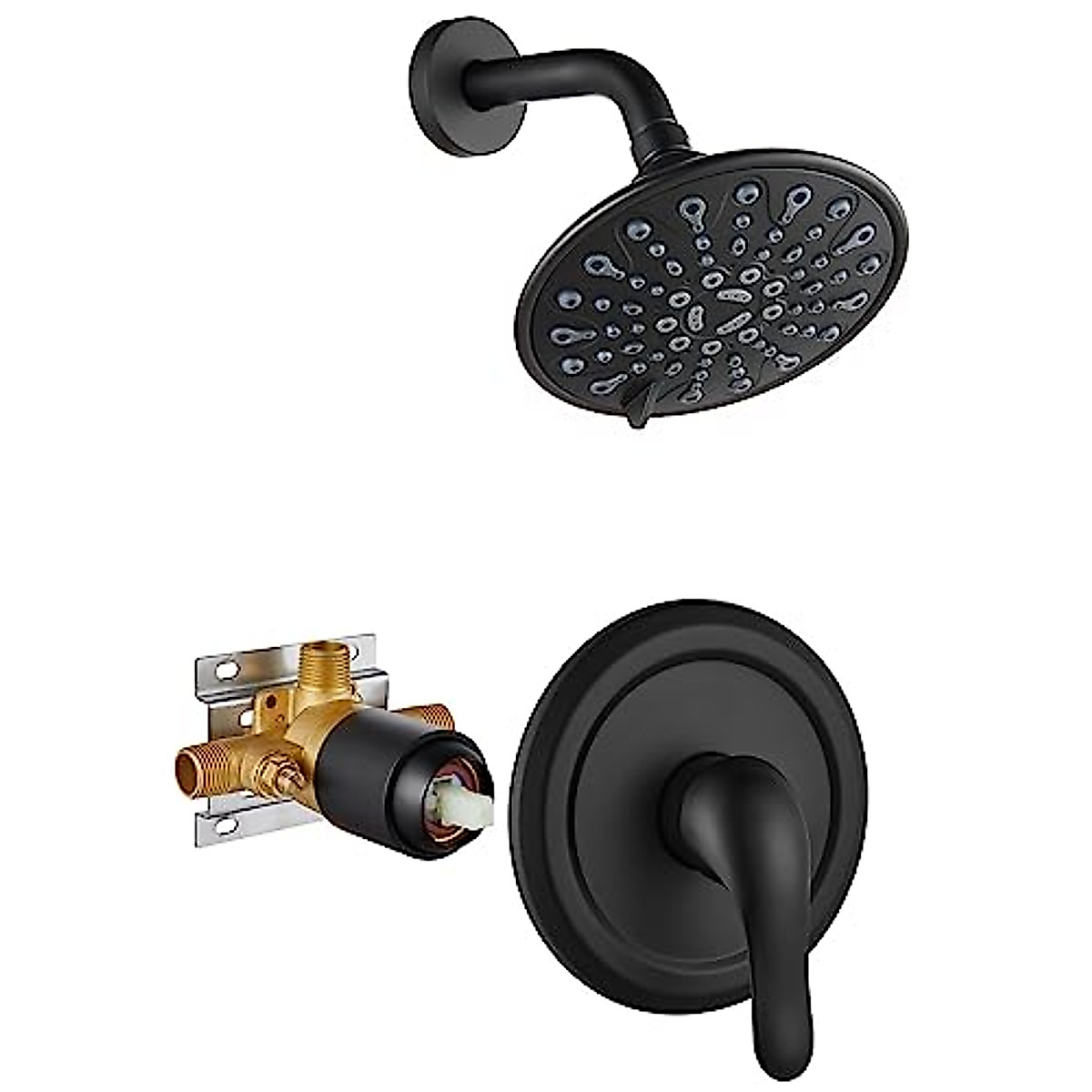 KEWEAI Bathroom Rainfall 8 Inch Shower System Angle Adjustable Circular Rain Shower Head Wall Mount with Curved Extension Arm with Pressure Balance Valve Single Function Matte Black